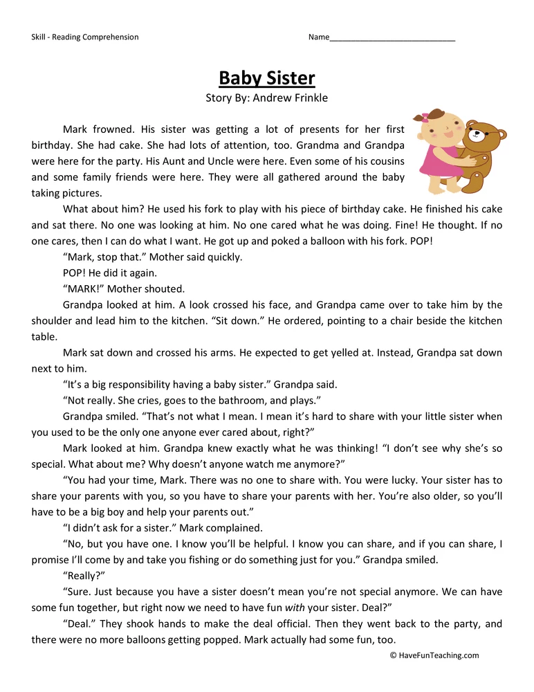 Baby Sister Reading Comprehension Worksheets - WorksheetsCity
