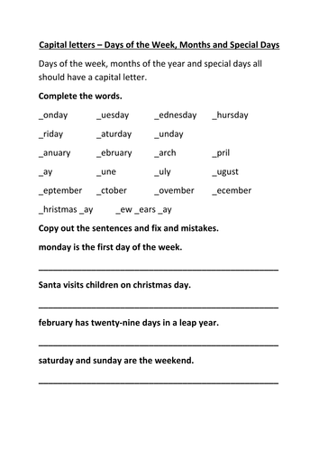 Capital Letters Months List Worksheets - WorksheetsCity