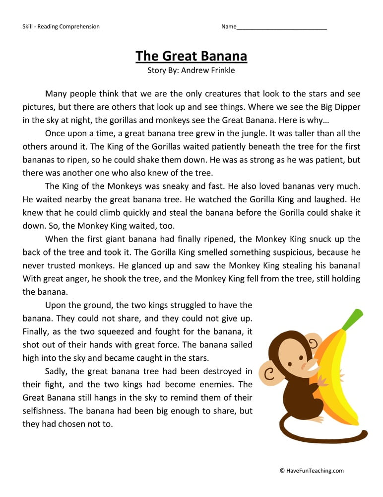 Great Banana Reading Comprehension Worksheets - WorksheetsCity