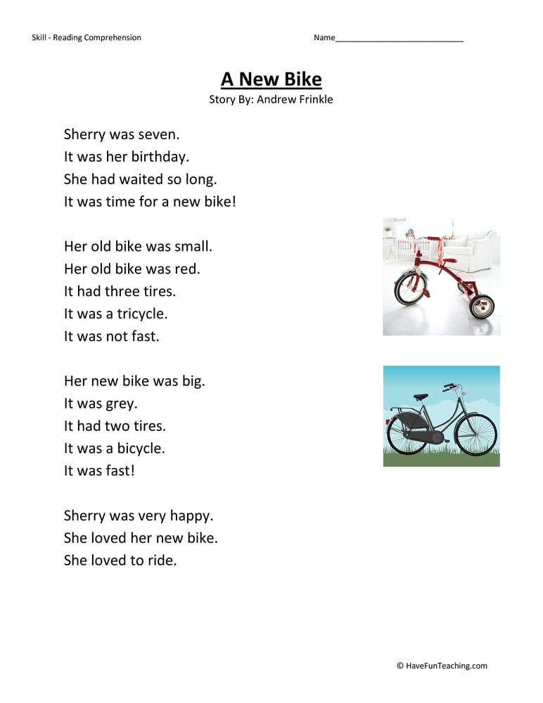 New Bike Reading Comprehension Worksheets - WorksheetsCity