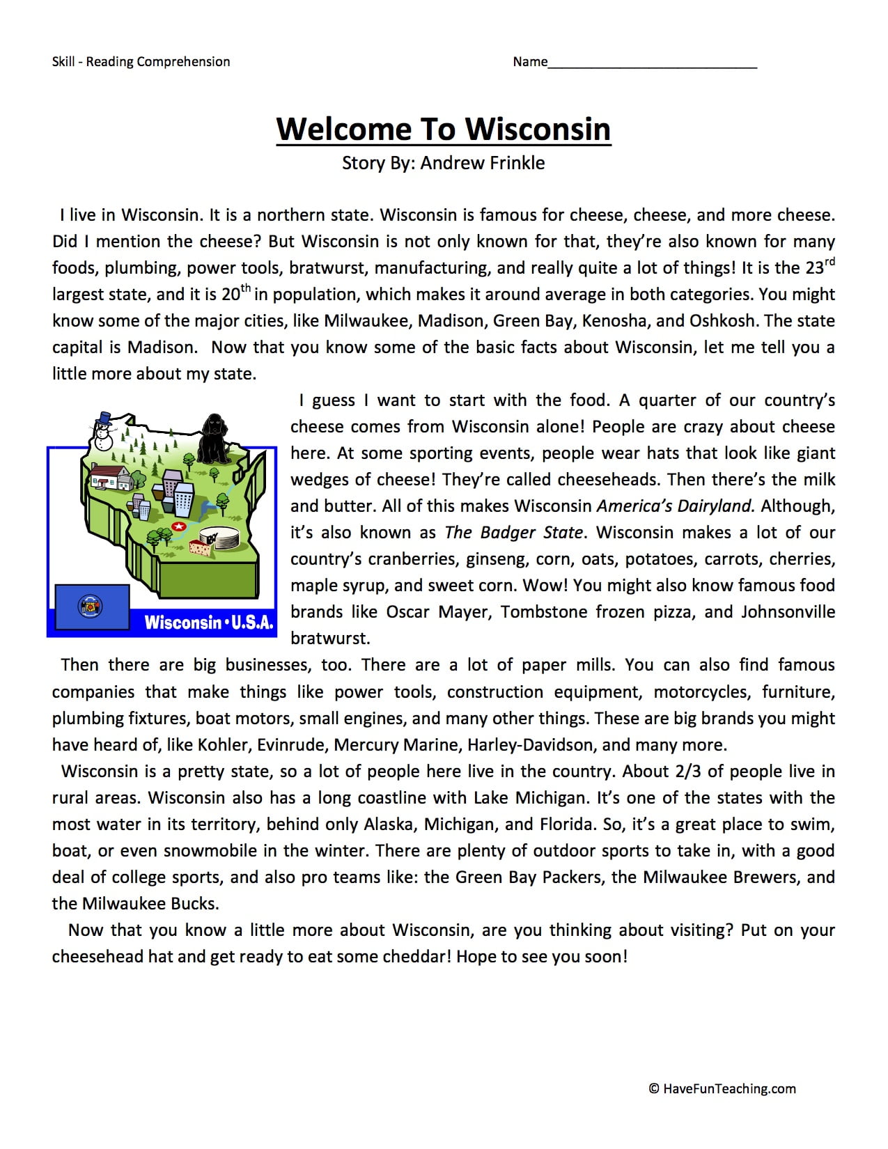 Welcome To Wisconsin Reading Comprehension Worksheets - WorksheetsCity