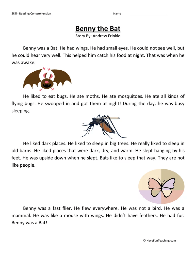 Benny The Bat Reading Comprehension Worksheets - WorksheetsCity