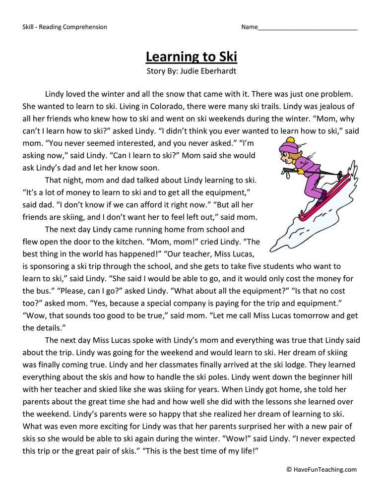 Learning To Ski Reading Comprehension Worksheets - WorksheetsCity