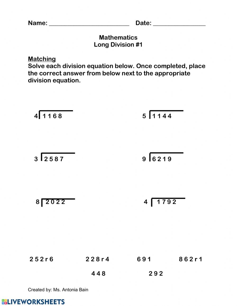 One Digit Divisor Division Worksheets - WorksheetsCity