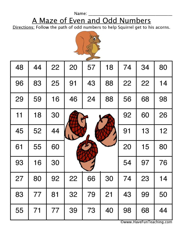 Odd Number Squirrel Maze Worksheets - WorksheetsCity