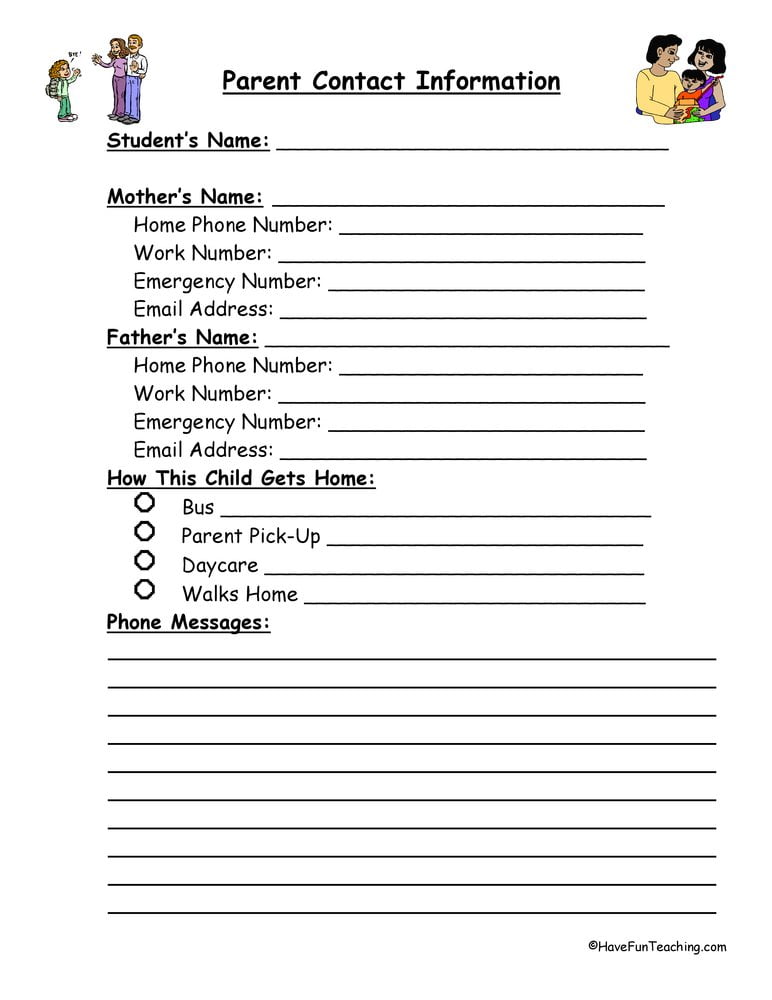 Parent Contact Information Form - WorksheetsCity