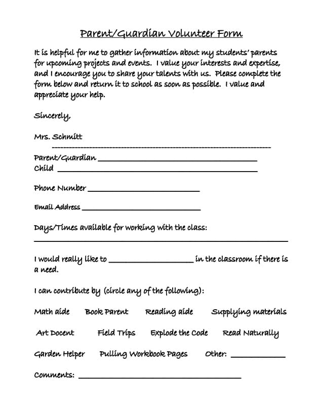 Parent Volunteer Form - WorksheetsCity