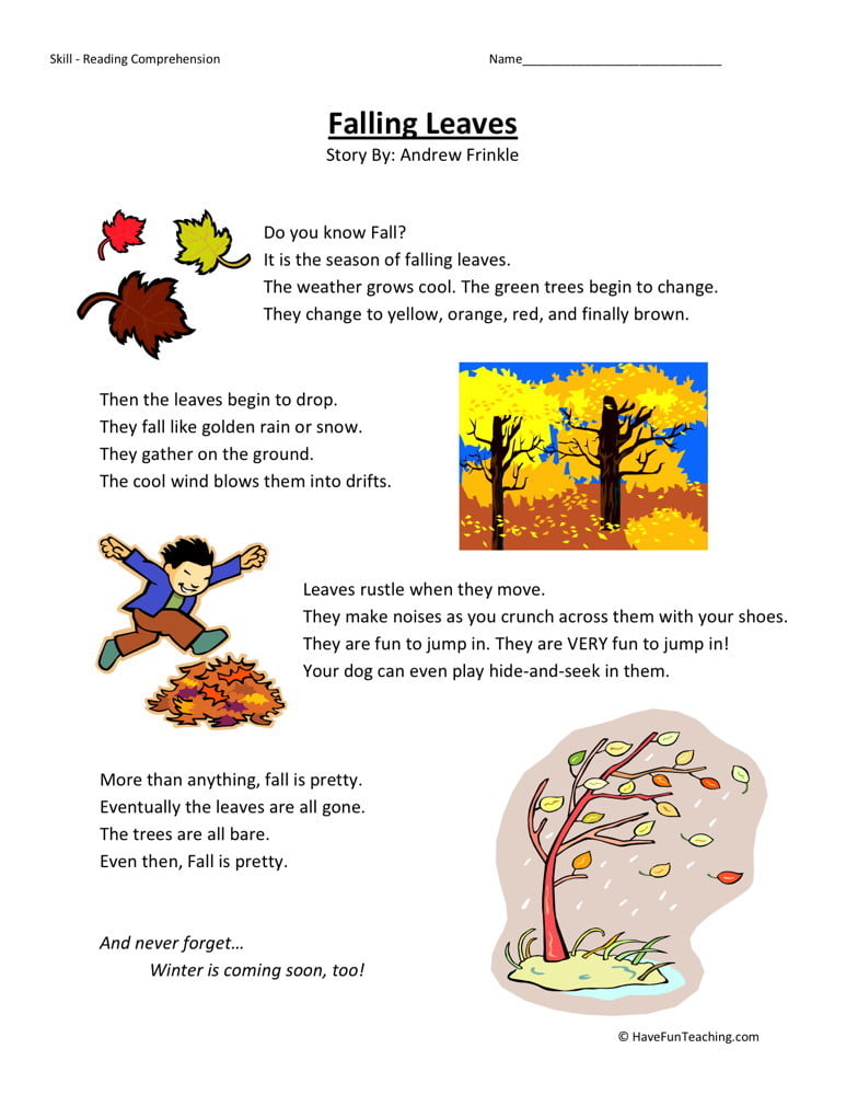 Falling Leaves Reading Comprehension Worksheets - WorksheetsCity