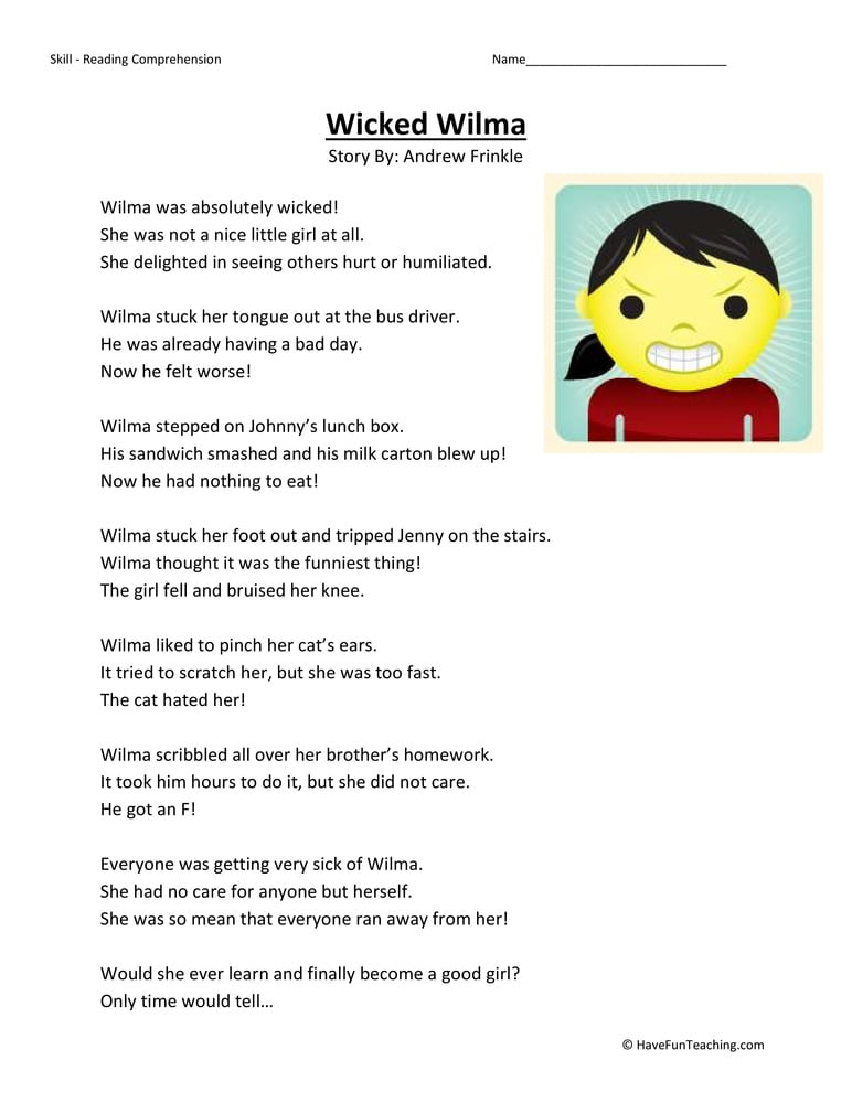 Wicked Wilma Reading Comprehension Worksheets - WorksheetsCity