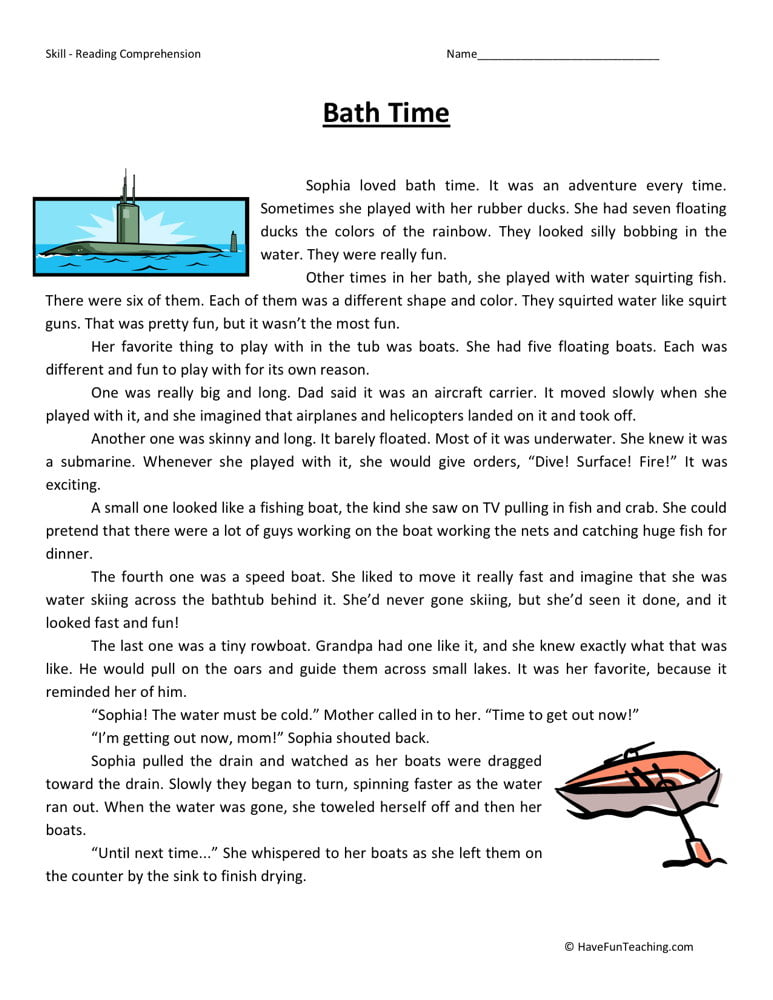 Bath Time Reading Comprehension Worksheets - WorksheetsCity
