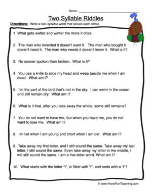 Two Syllable Riddles Worksheets - WorksheetsCity