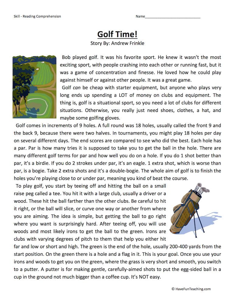 Golf Time Reading Comprehension Worksheets - WorksheetsCity