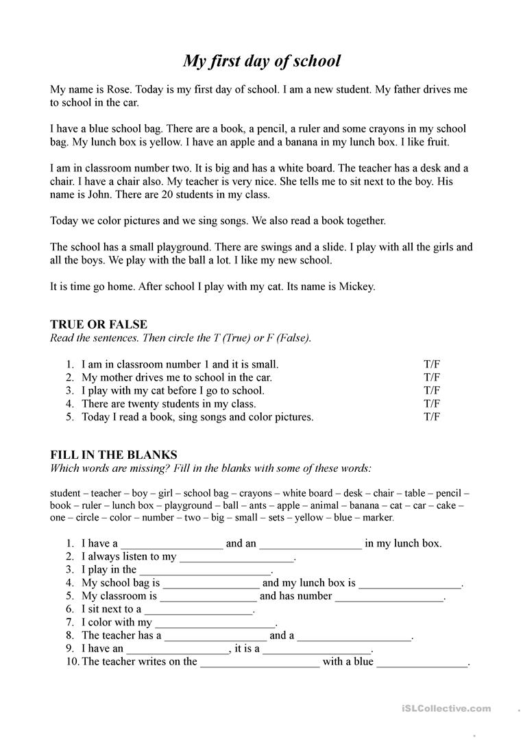The First Day Reading Comprehension Worksheets - WorksheetsCity