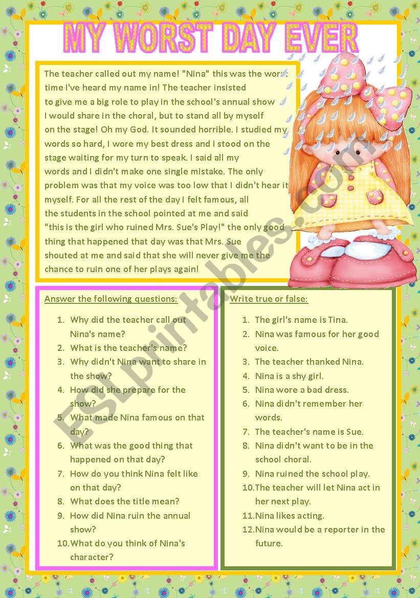 Worst Day Ever Reading Comprehension Worksheets - WorksheetsCity