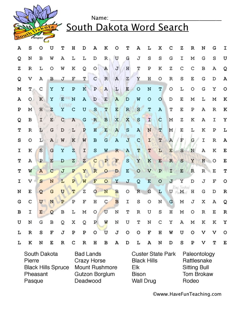 South Dakota Word Search Worksheets - WorksheetsCity