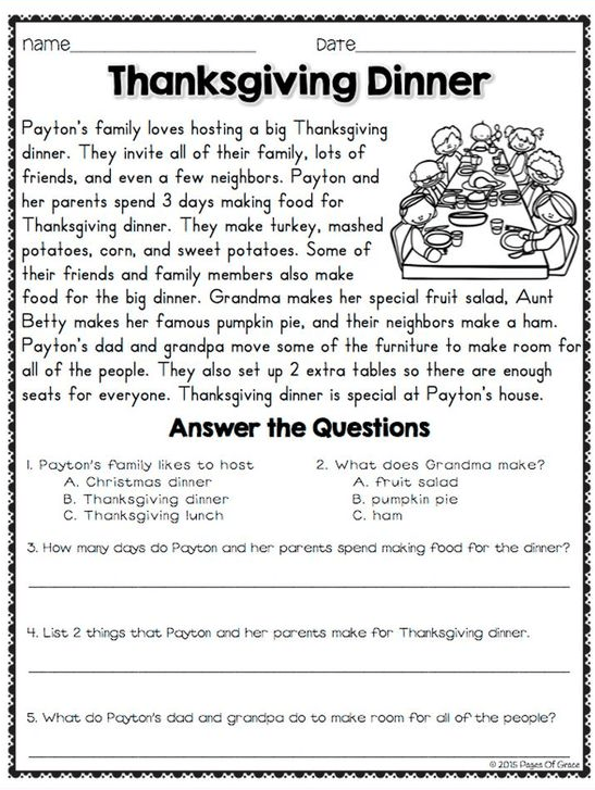 Thanksgiving Dinner Reading Comprehension Worksheets - WorksheetsCity