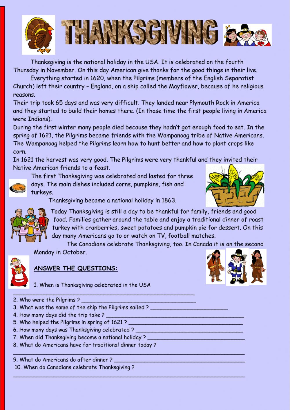 Thanksgiving Reading Comprehension Worksheets WorksheetsCity