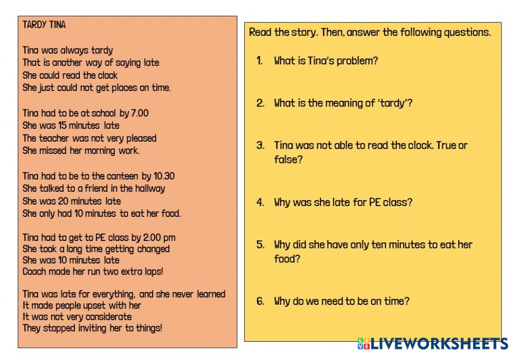 Tardy Tina Reading Comprehension Worksheets - WorksheetsCity