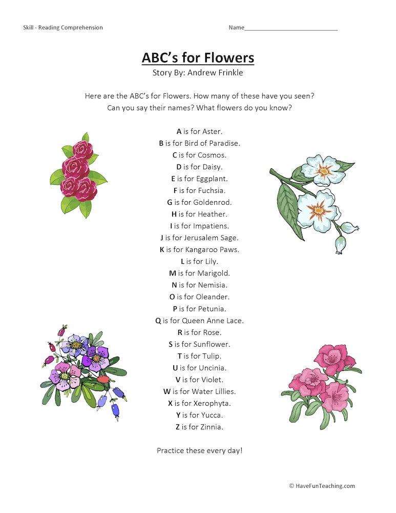 ABCs For Flowers Reading Comprehension Worksheets - WorksheetsCity