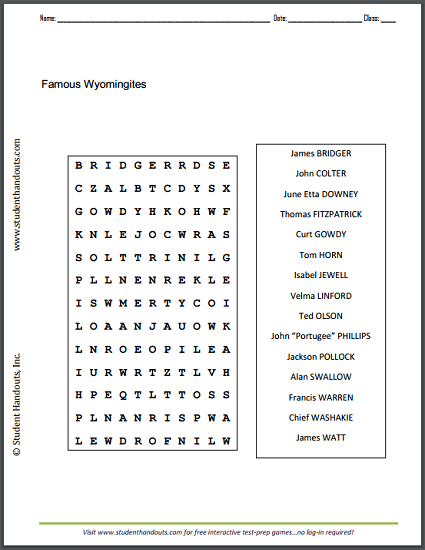 Wyoming Word Search Worksheets - WorksheetsCity