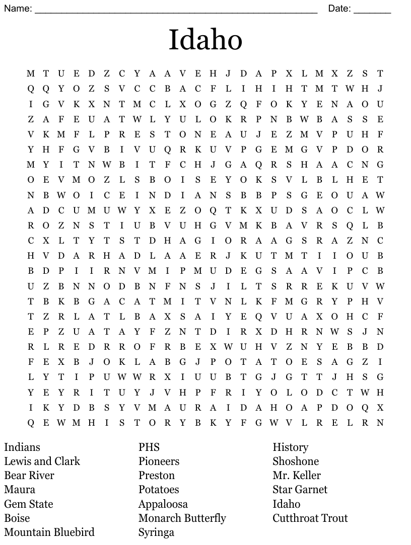 Idaho Word Search Worksheets - WorksheetsCity
