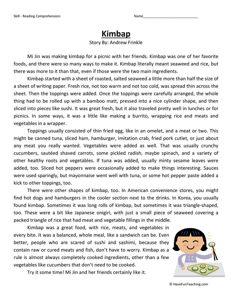 Kimbap Reading Comprehension Worksheets WorksheetsCity