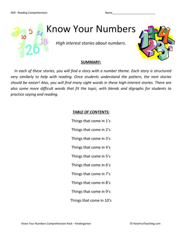 Know Your Numbers Reading Comprehension Test Collection - WorksheetsCity