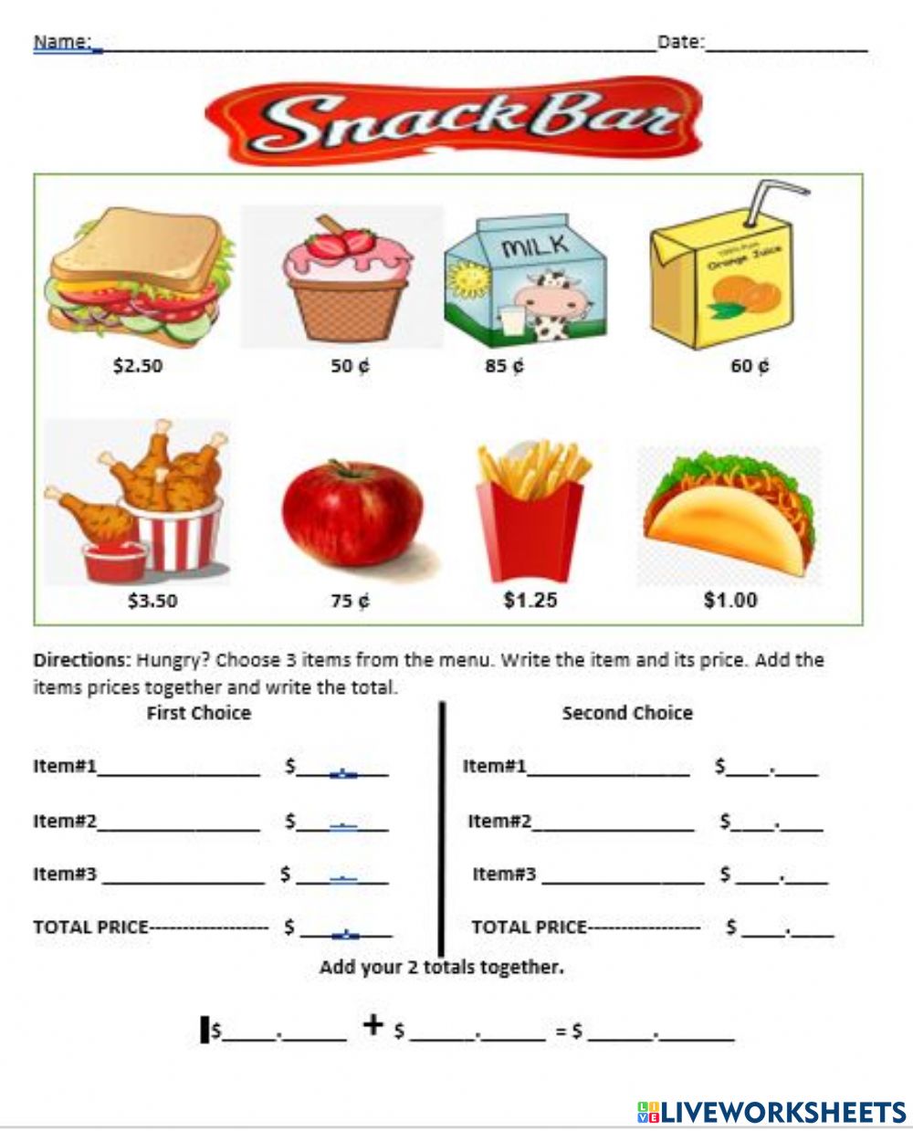 Snack Bar Payment Worksheets - WorksheetsCity