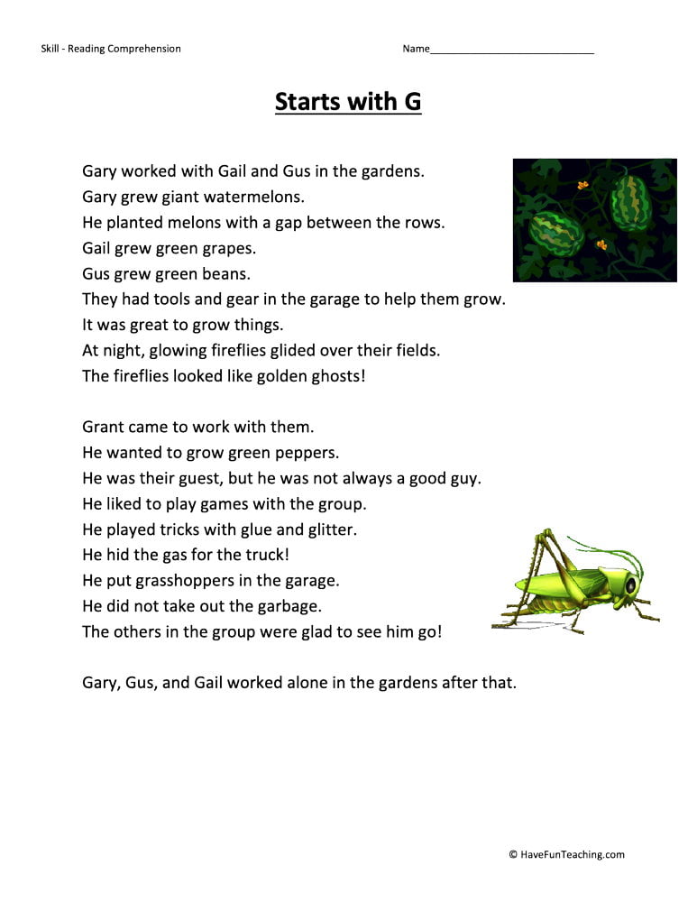 Starts With G Reading Comprehension Worksheets - WorksheetsCity