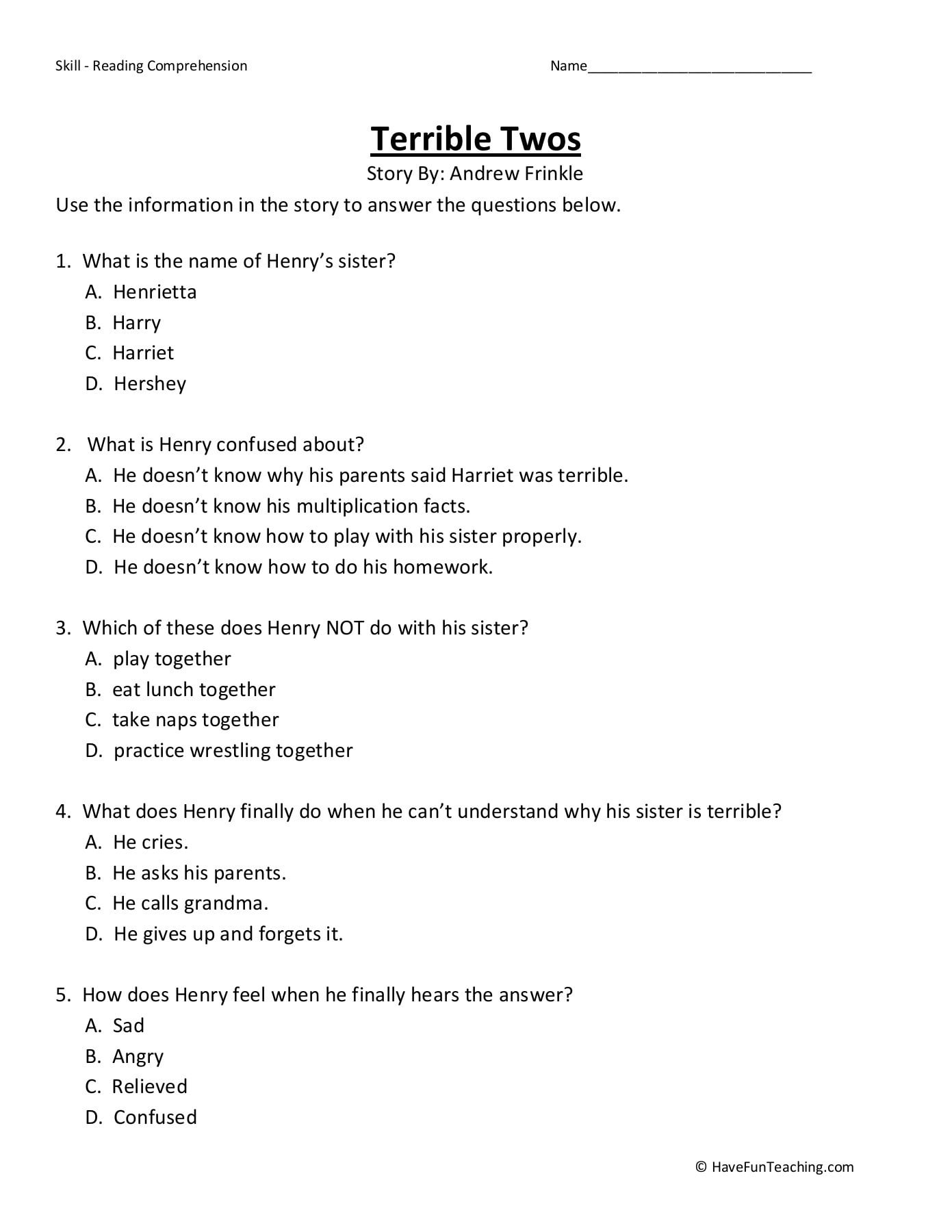 Terrible Twos Reading Comprehension Worksheets - WorksheetsCity