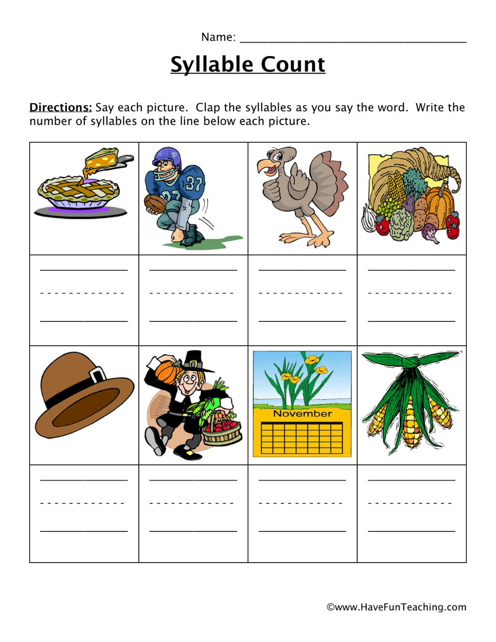 Thanksgiving Syllables Worksheets - WorksheetsCity