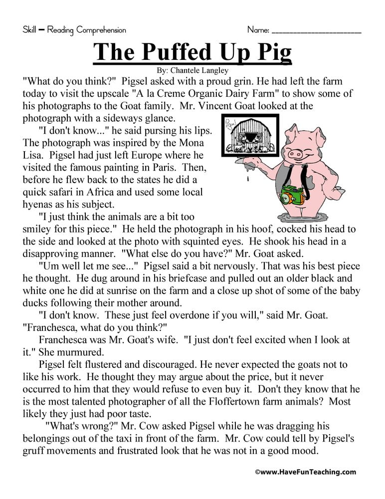 The Puffed Up Pig Reading Comprehension Worksheets WorksheetsCity