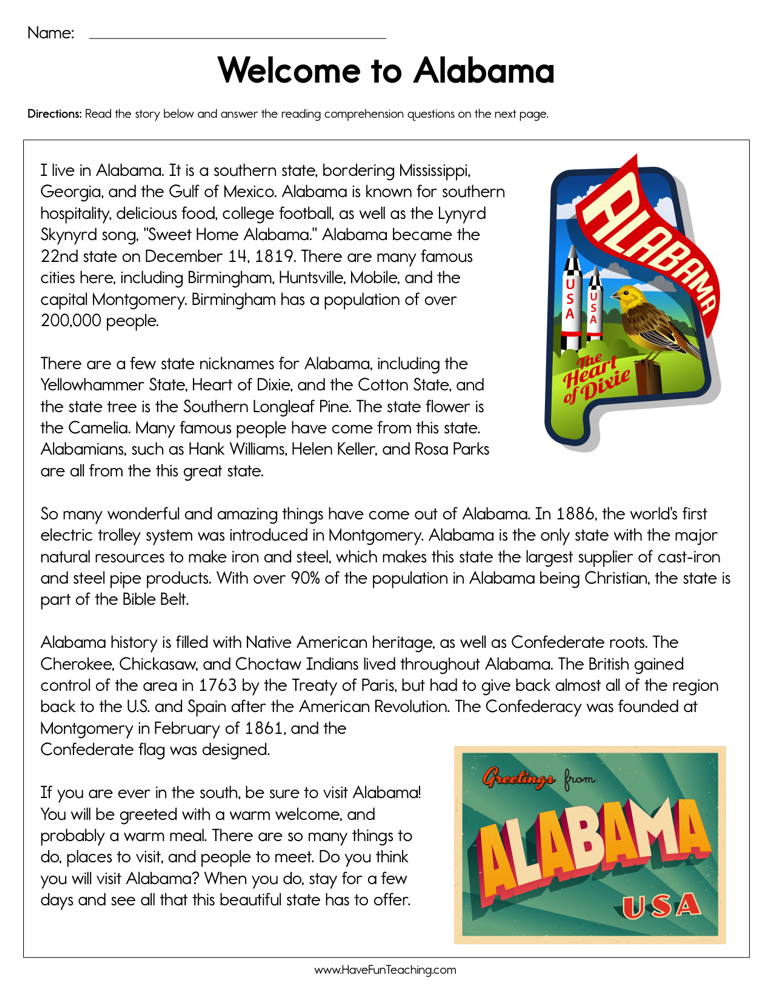 Welcome To Alabama Reading Comprehension Worksheets - WorksheetsCity