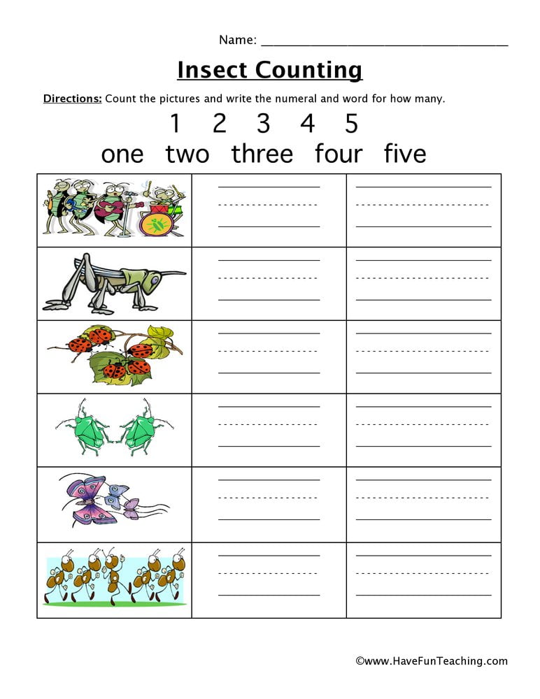 Insect Counting Numbers 1-5 Worksheets - WorksheetsCity