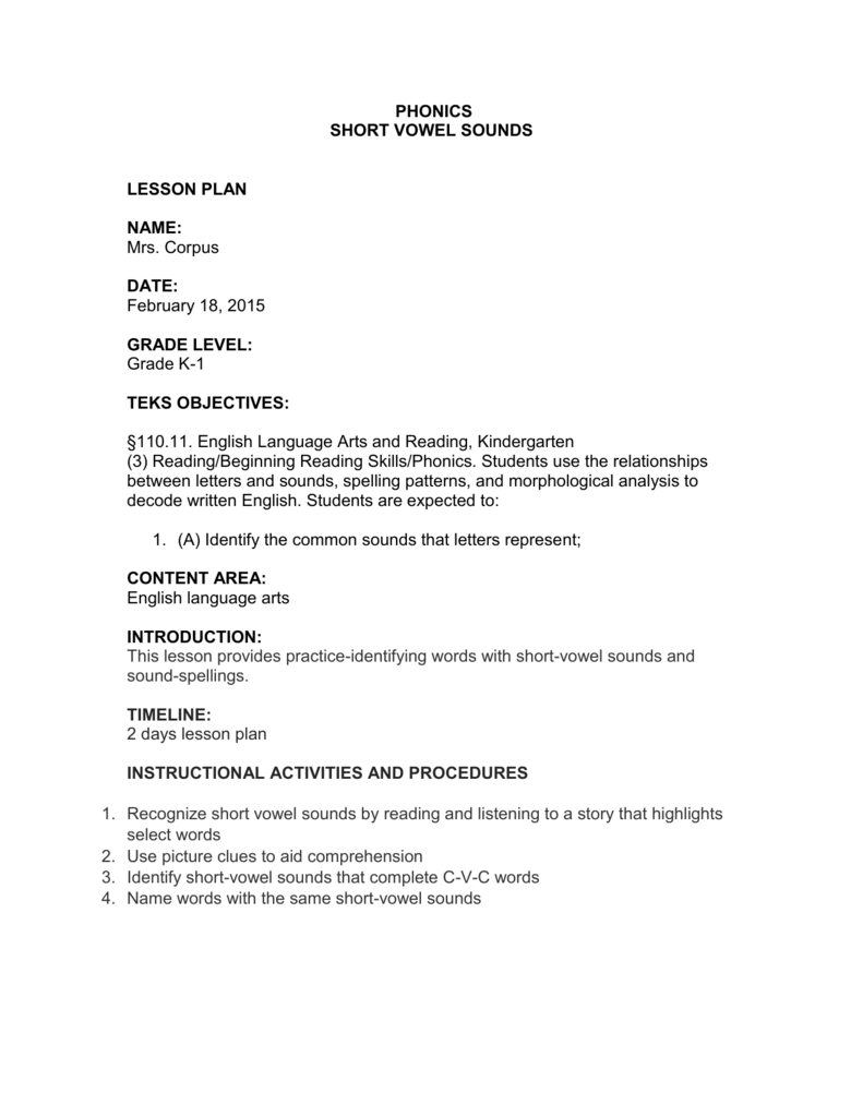 Short Vowel A Lesson Plan - WorksheetsCity