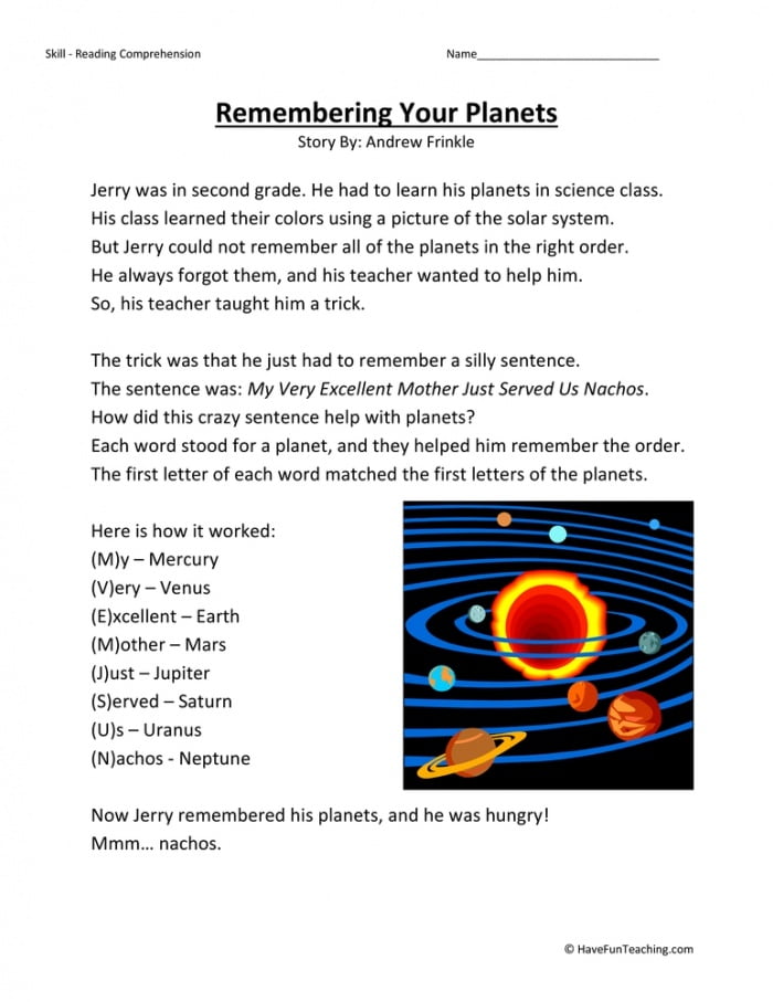 Remembering Your Planets Reading Comprehension Worksheets - WorksheetsCity