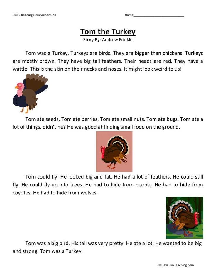 Tom The Turkey Reading Comprehension Worksheets - WorksheetsCity