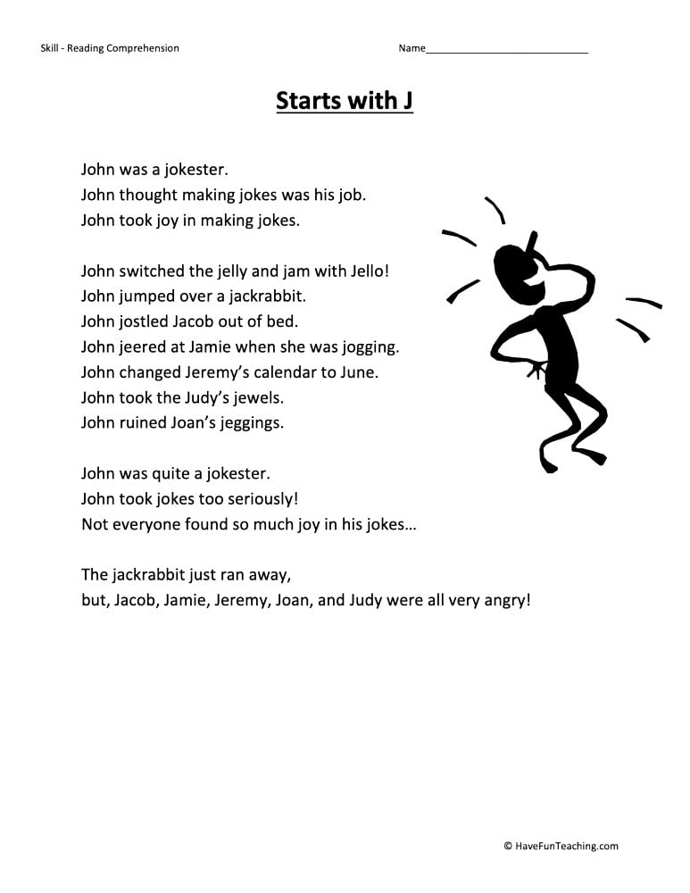 Starts With J Reading Comprehension Worksheets - WorksheetsCity