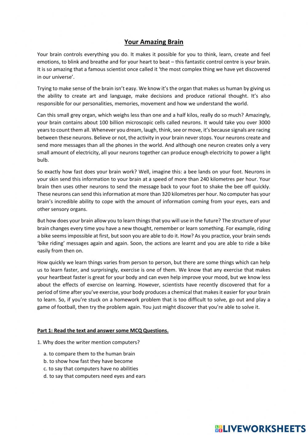 Your Amazing Brain Reading Comprehension Worksheets - WorksheetsCity