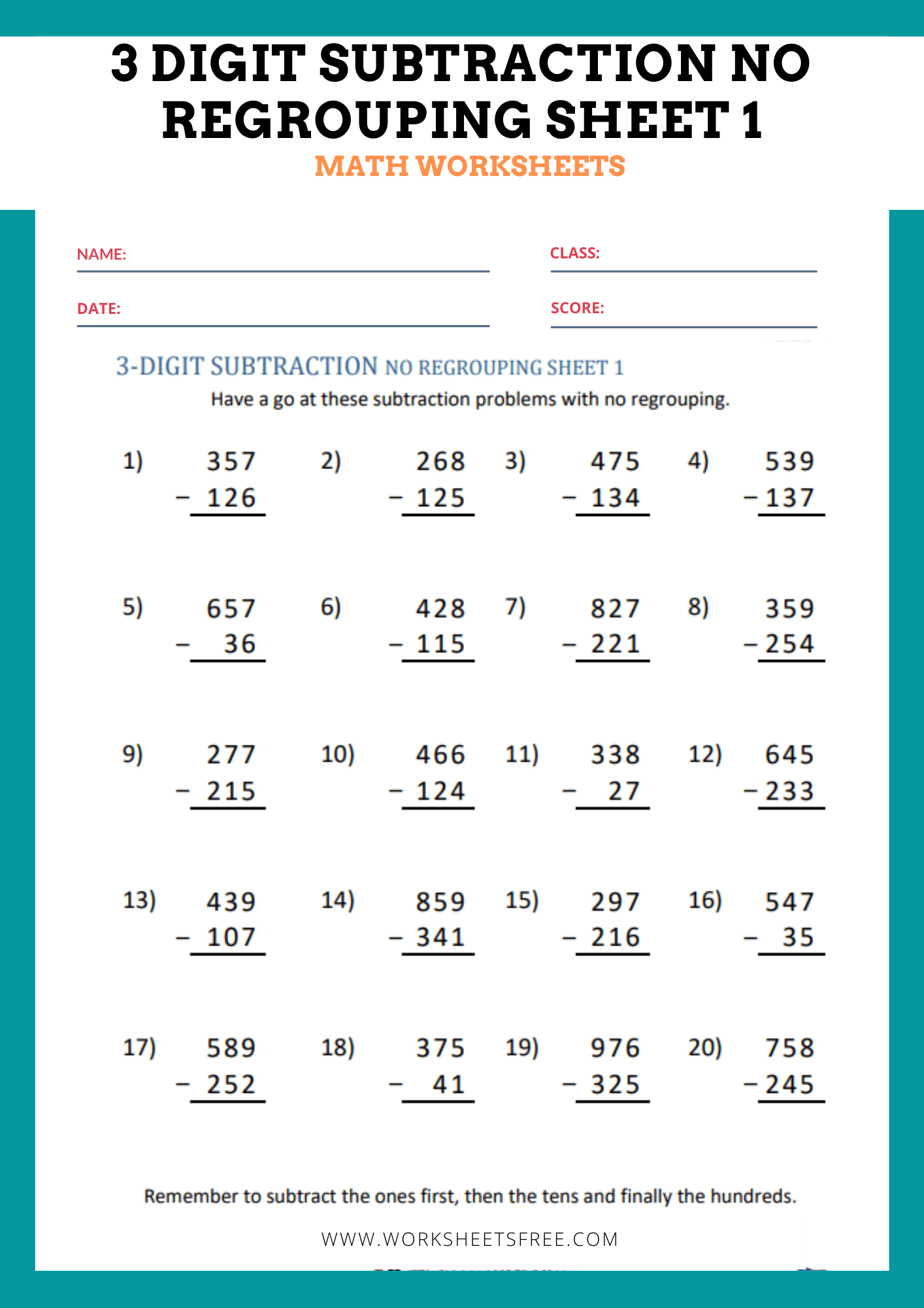Double Digit Subtraction No Regrouping Worksheets - WorksheetsCity