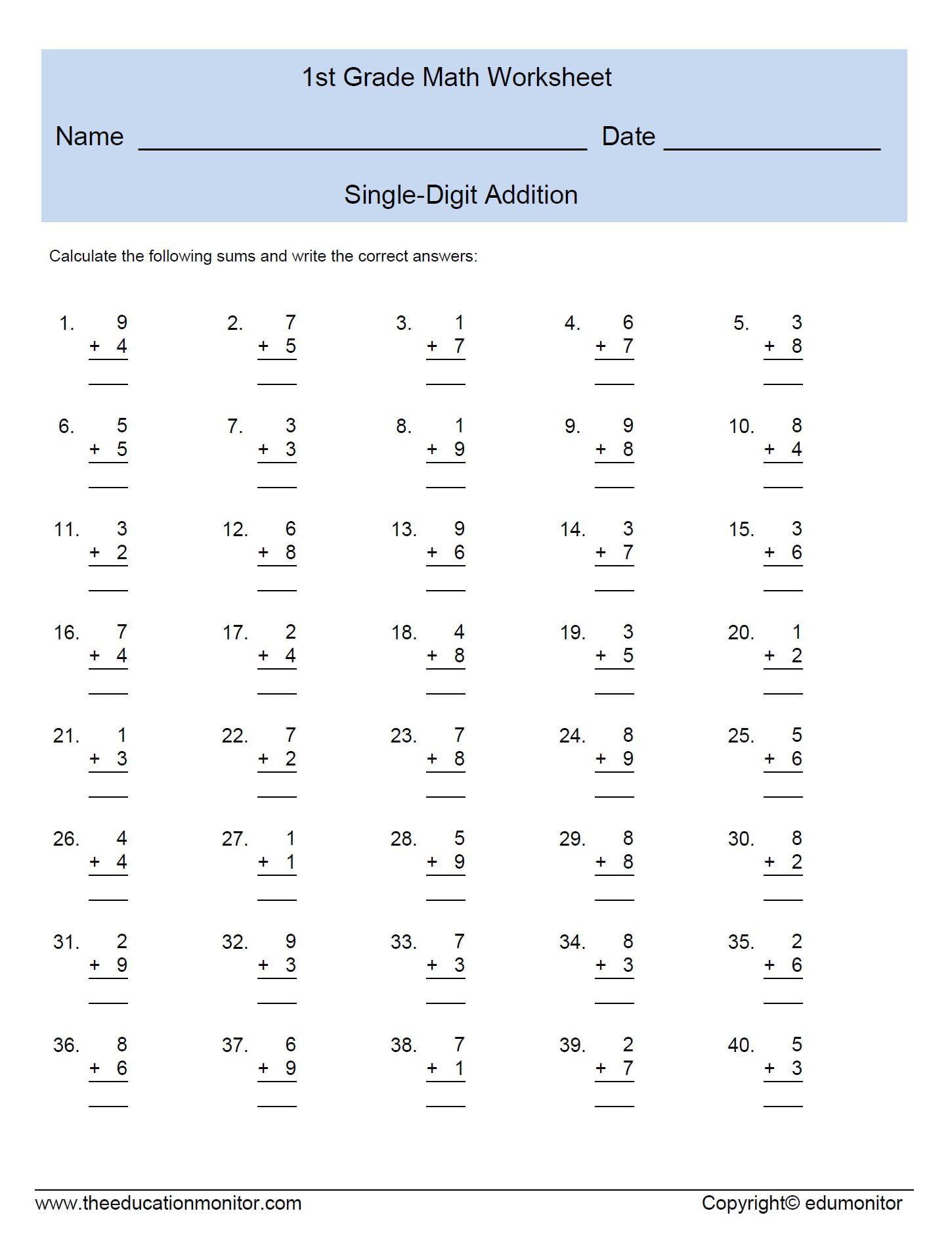 Addition Problems For 1st Grade Worksheets - WorksheetsCity