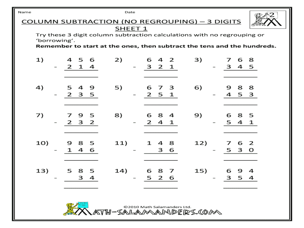 Three Digit Subtraction Without Regrouping Worksheets - WorksheetsCity