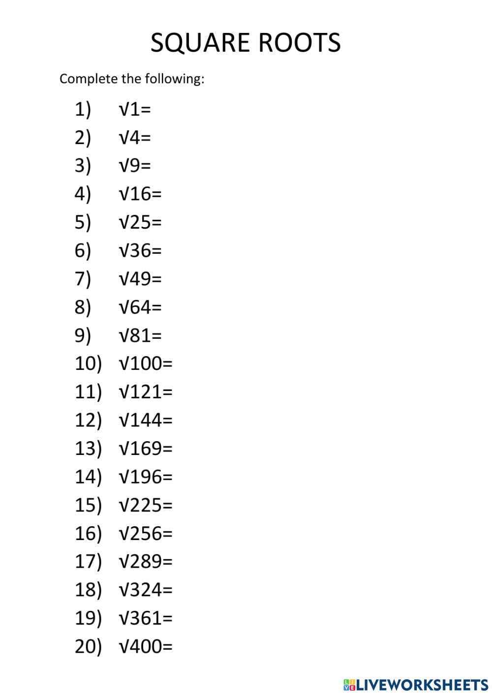 Square Roots Up To 20 Worksheets WorksheetsCity Square Roots Up To 20 Worksheets WorksheetsCity