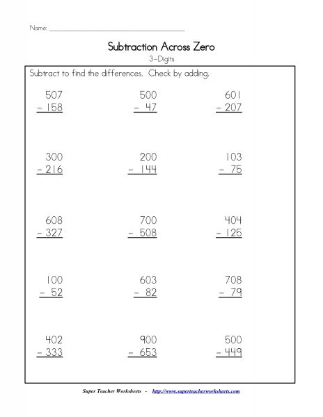 3 Digit Subtraction With Regrouping Across Zeros Worksheetsr ...