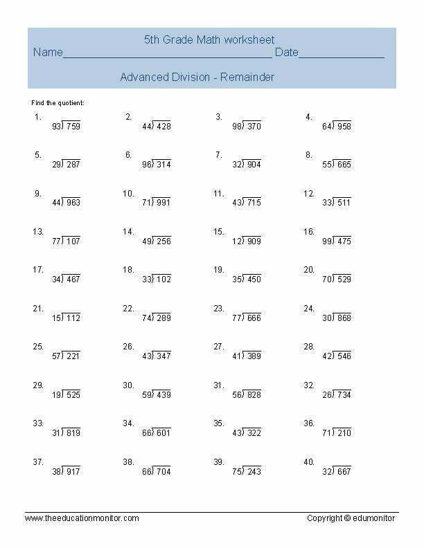 5th Grade Long Division Worksheets - WorksheetsCity